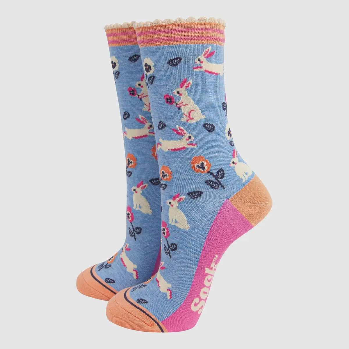 Sock Talk Women's Bamboo Socks - Blue, Rabbit and Flowers